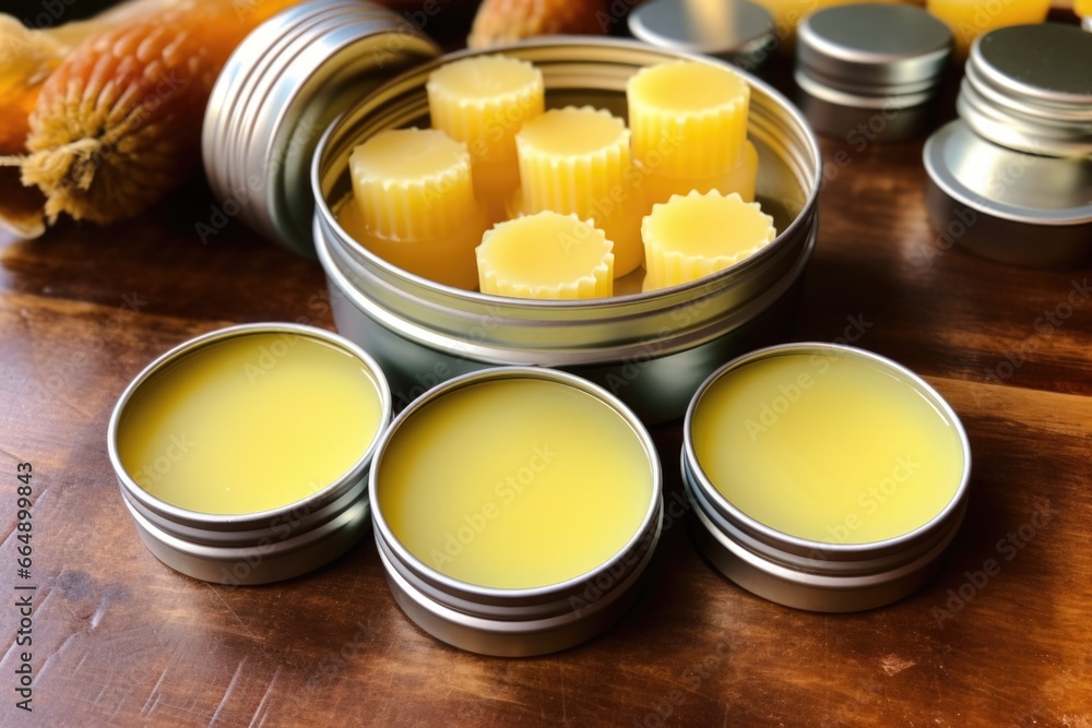 beeswax and shea butter lip balm in open tins Stock Photo | Adobe Stock