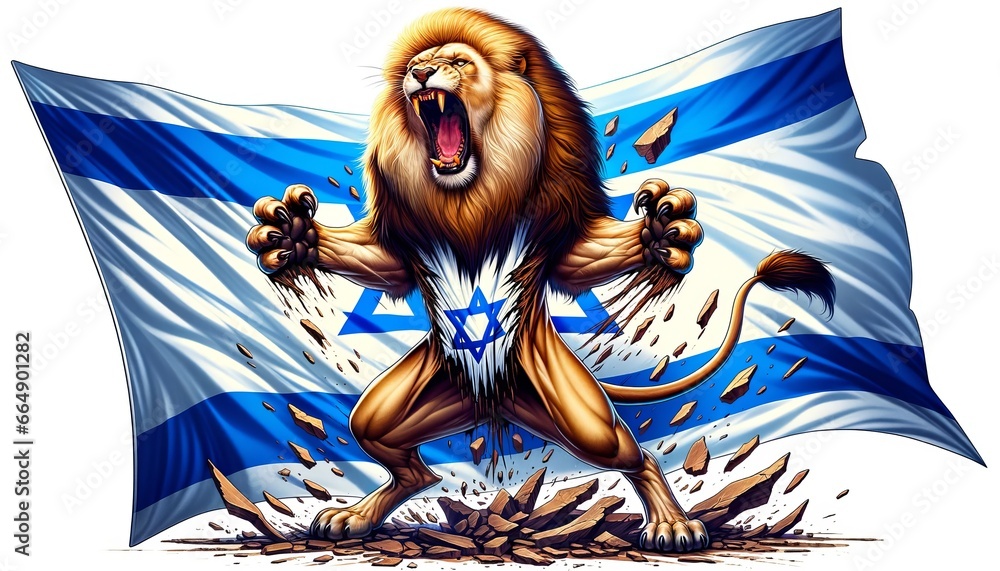 Generative AI image of a lion with a flag of israel Stock Illustration ...