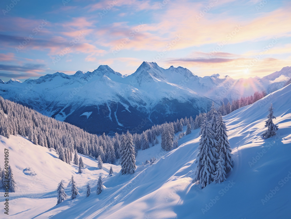 The Alps, winter, snow - capped peaks, ski tracks visible, pine trees ...