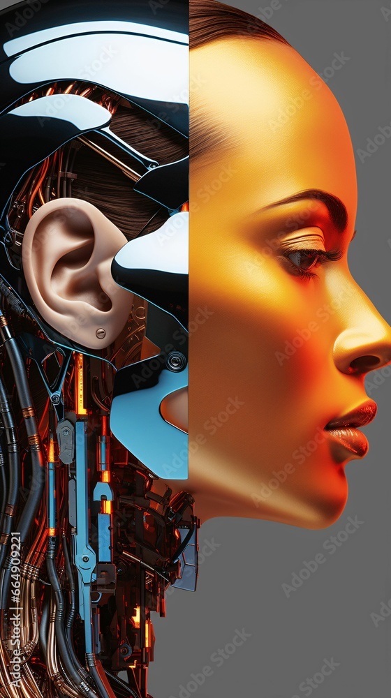 a human profile merging seamlessly into a metallic robot face ...