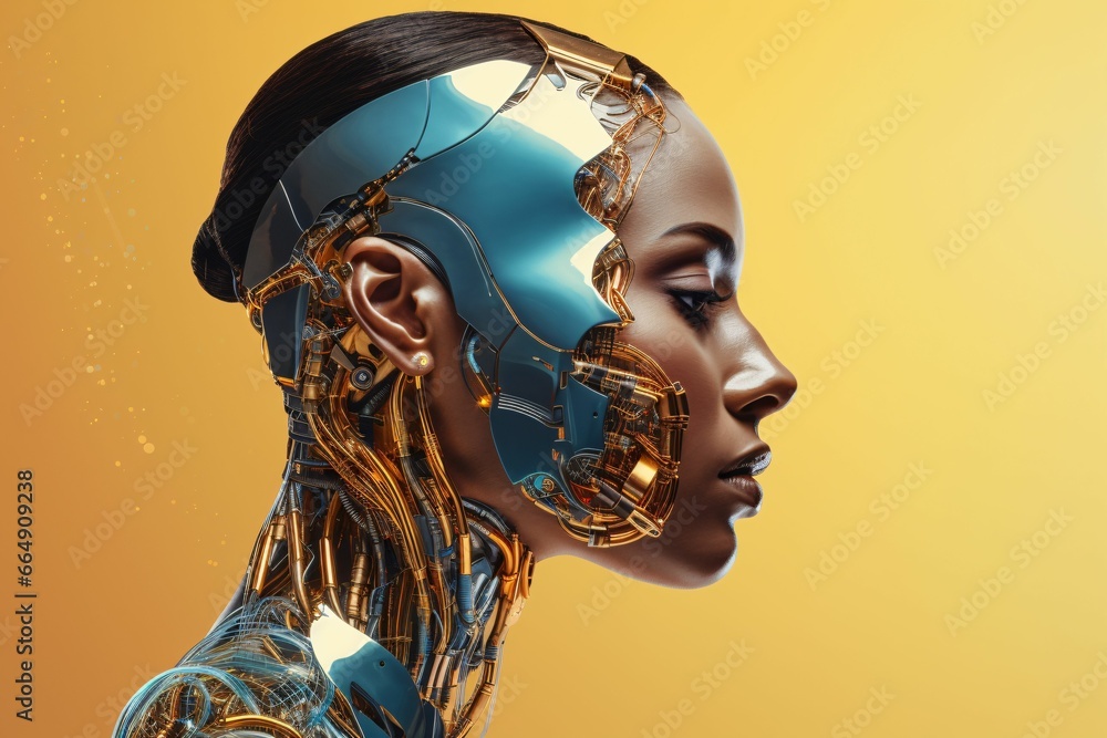 a human profile merging seamlessly into a metallic robot face ...