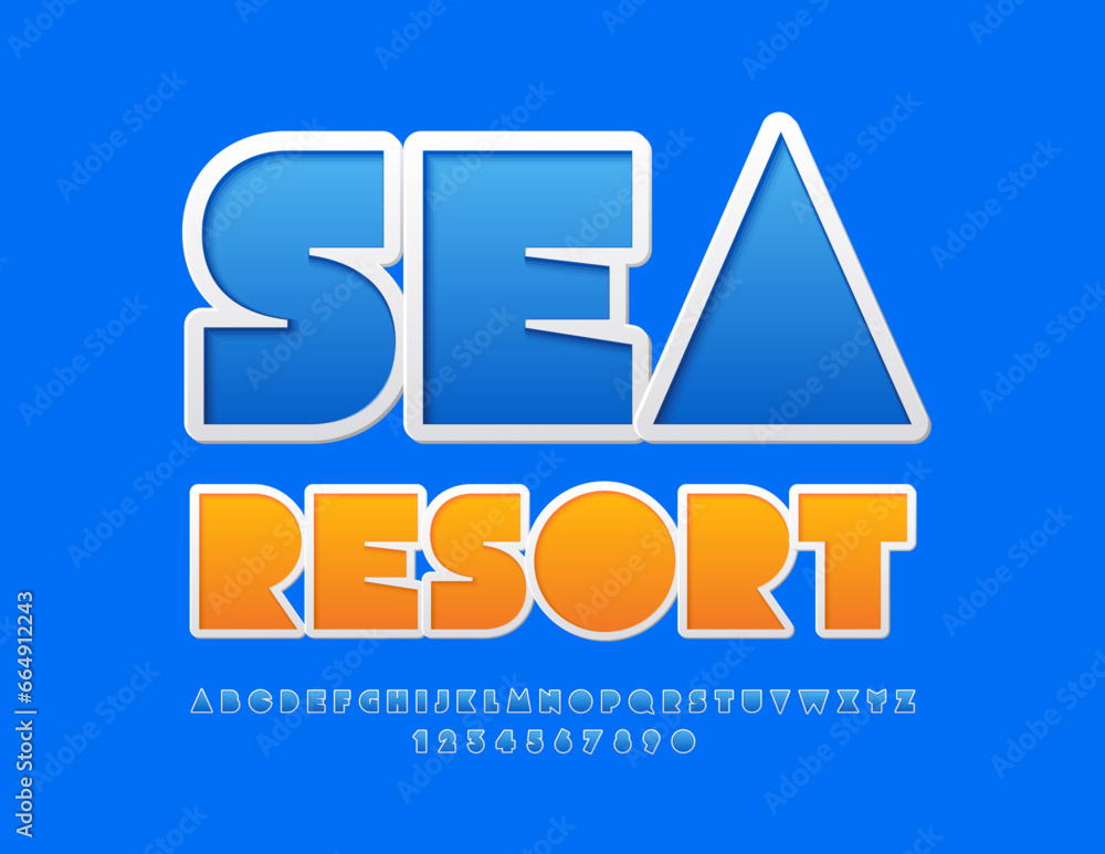 Vector bright banner Sea Resort. Blue sticker Font. Abstract style ...