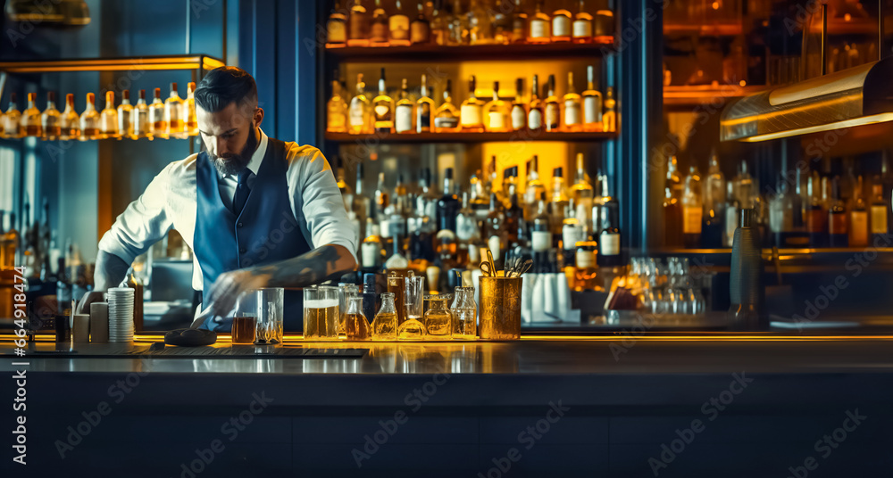 Blur shot of classic luxury counter bar drink.cocktail bartender with light gold bokeh ...