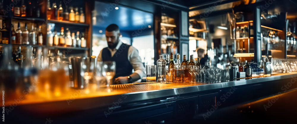 Blur shot of classic luxury counter bar drink.cocktail bartender with ...