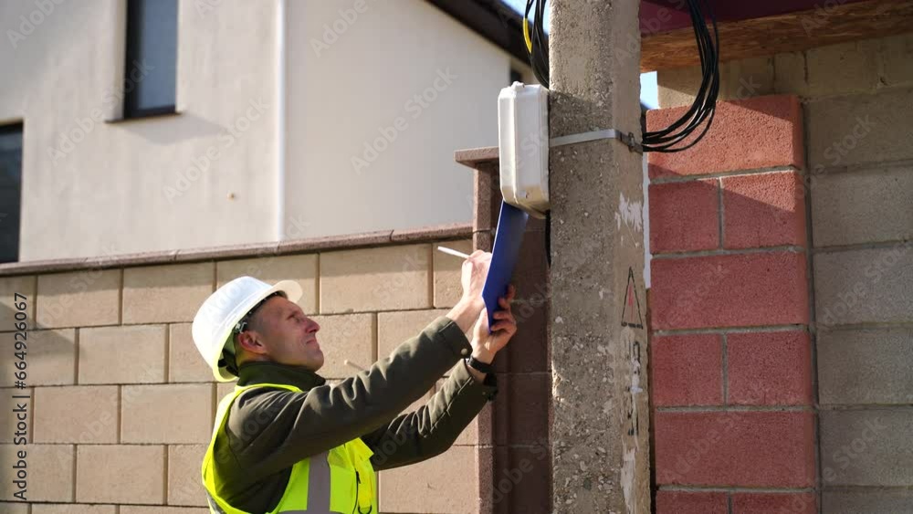 man checks the meter reading electricity in the cottage. An electrical ...
