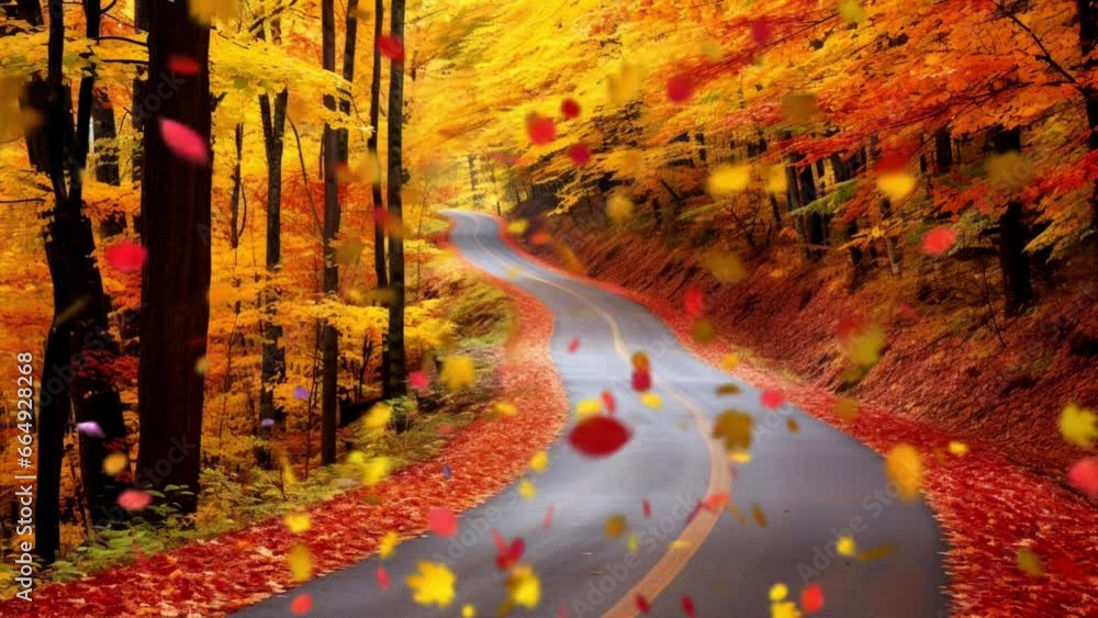 autumn in road in the middle of the forest, seamless looping video ...
