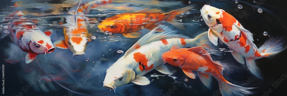 Colorful koi fish gracefully swim in a tranquil pond. This artistic ...
