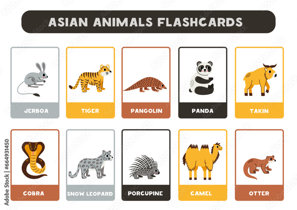 Cute Asian animals with names. Flashcards for learning English. Stock ...