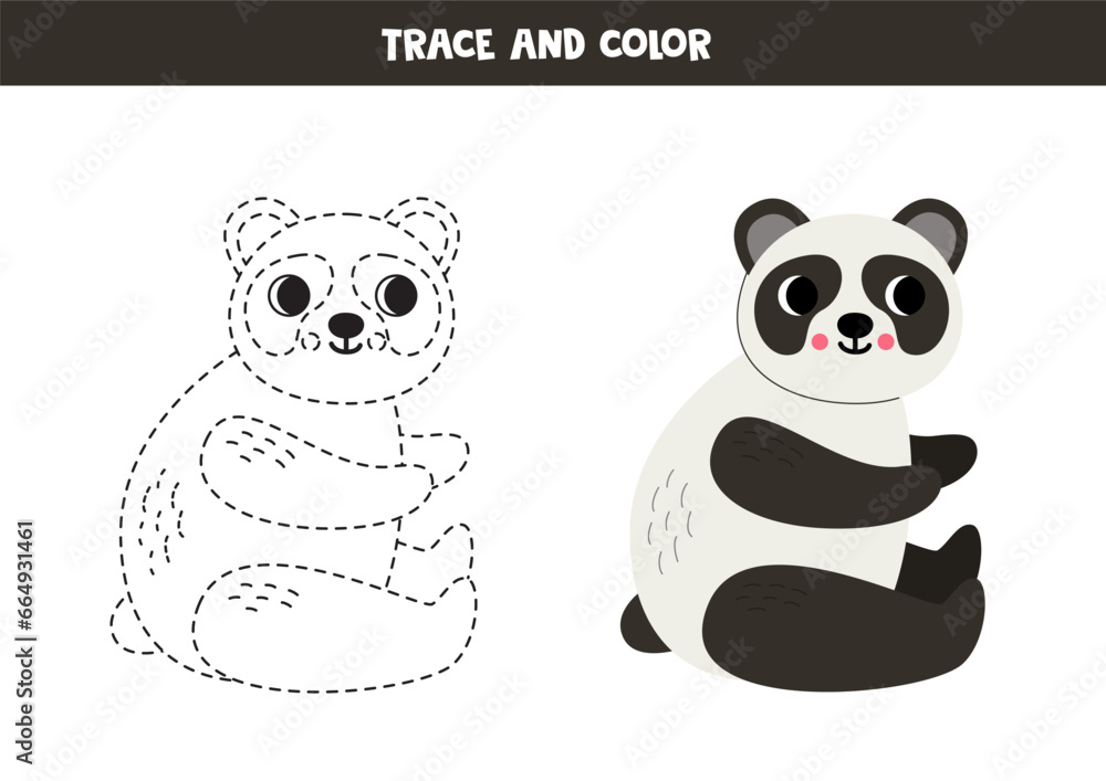 Trace and color cartoon panda bear. Worksheet for children. Stock ...
