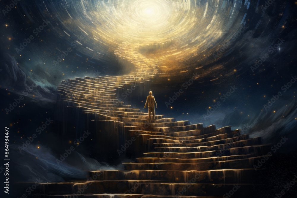 An image of an abstract human figure ascending a celestial staircase ...