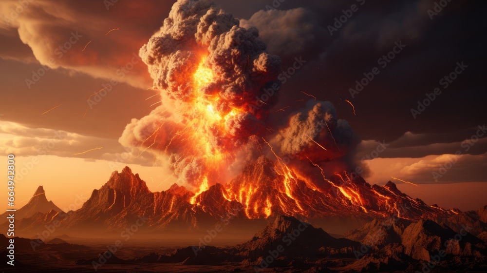 Volcano eruption at night. Natural disaster, volcano explosion. Lava ...