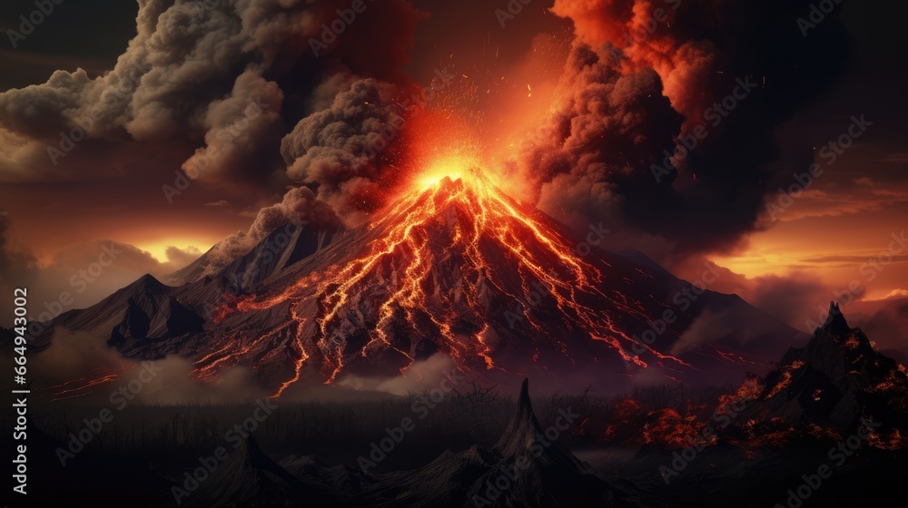 Volcano eruption at night. Natural disaster, volcano explosion. Lava ...