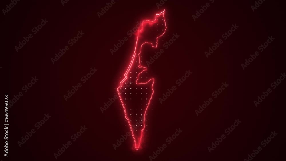 Neon Red Israel Map Borders Outline Loop Background. Neon Red Colored ...