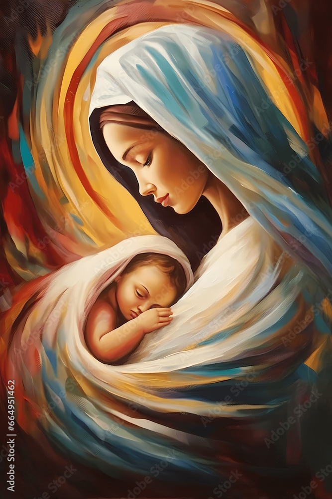 Christmas painting of saint Mary holding her little baby Jesus of ...