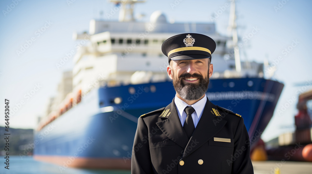 A confident captain stands in front of his cargo ship, ready for a long ...