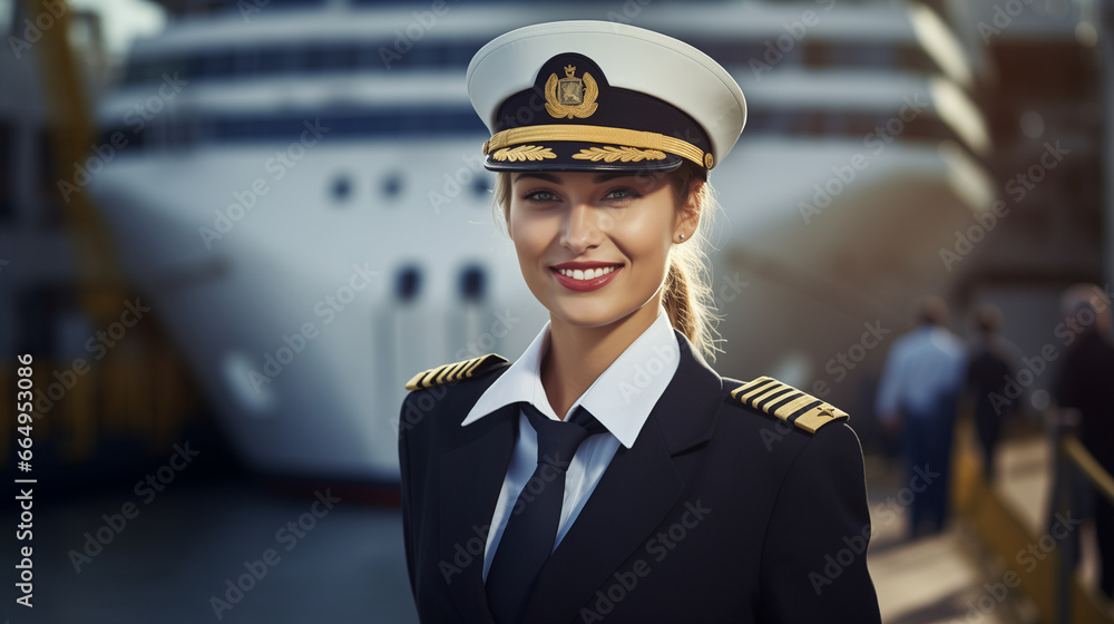 confident captain woman standing in front of a luxury yacht. The ...