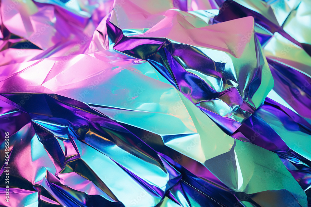 Green, blue and pink iridescent holographic surface shining. Futuristic ...