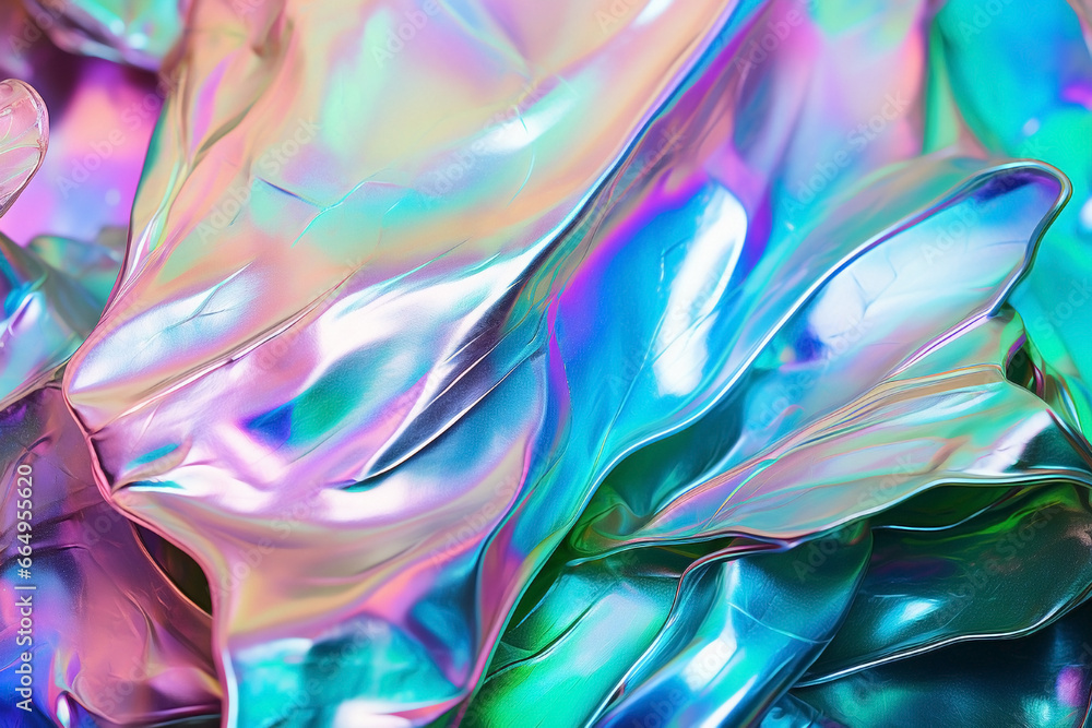 Green, blue and pink iridescent holographic surface shining. Futuristic ...