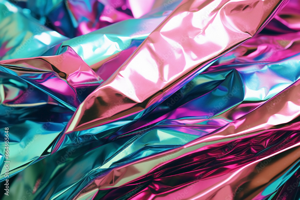 Green, blue and pink iridescent holographic surface shining. Futuristic ...