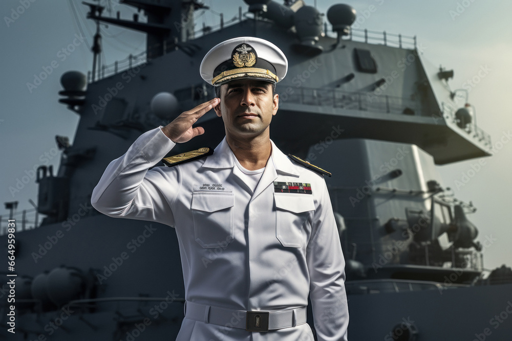 Young indian confident ship captain standing in uniform, saluting Stock ...
