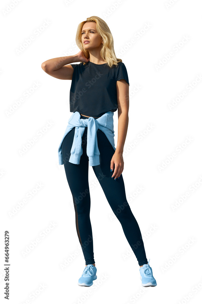 Full body young sporty fitness trainer woman wear tracksuit spend time ...