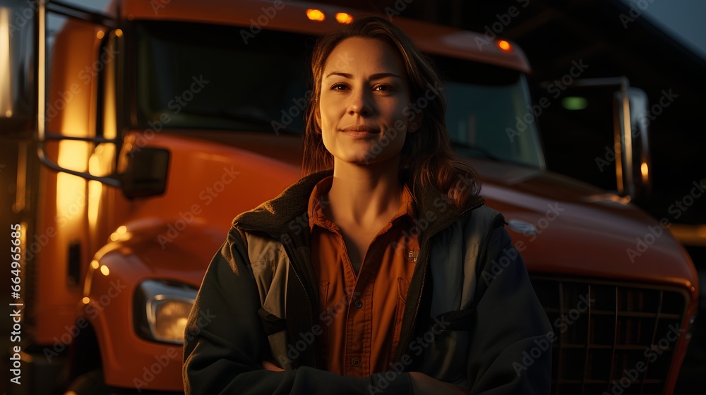 Female truck driver. Professional woman who drives cargo vehicles with ...