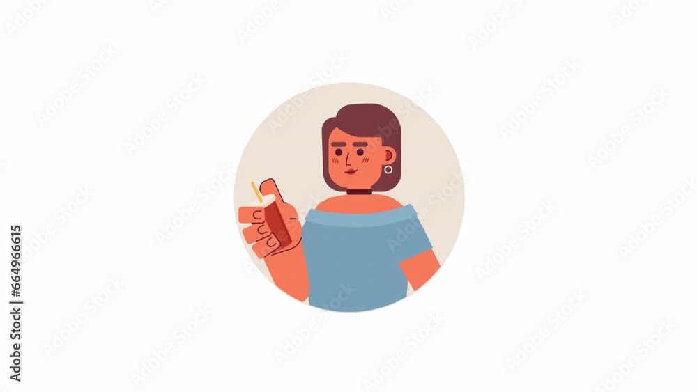 Stylish caucasian young adult woman sipping straw 2D avatar animation ...