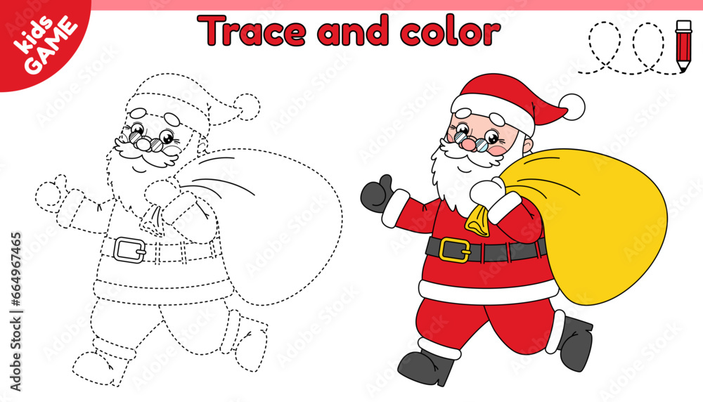 Kids game. Trace and color. Connect dotted lines and draw a Santa Claus ...