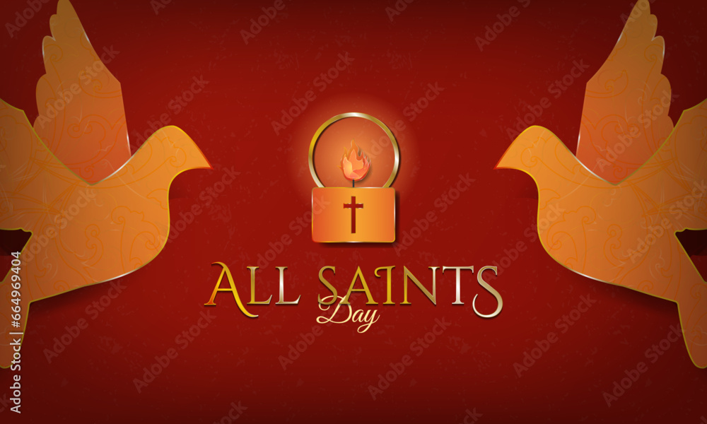 All Saints' Day Greeting card banner. Two holy spirit doves and lit ...