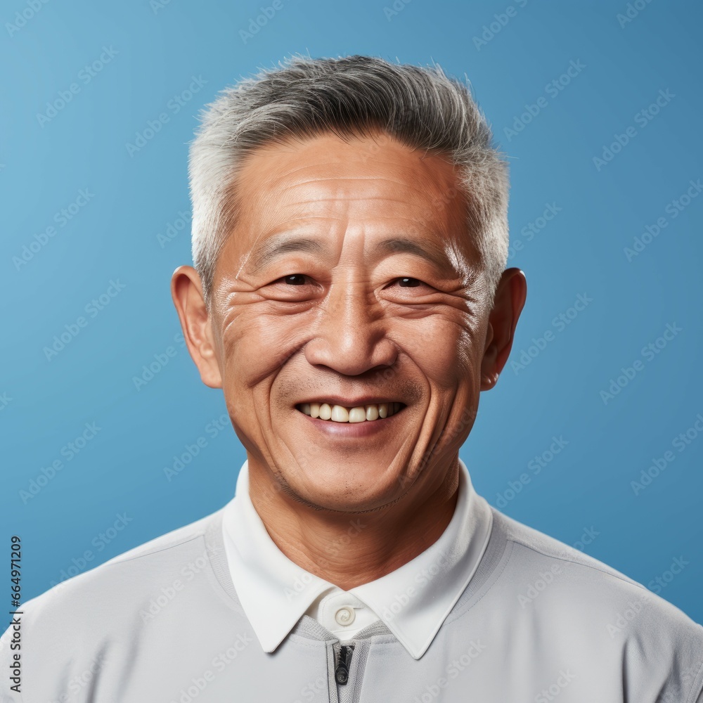 Portrait of a smiling senior Asian man with gray hair. Closeup face of ...