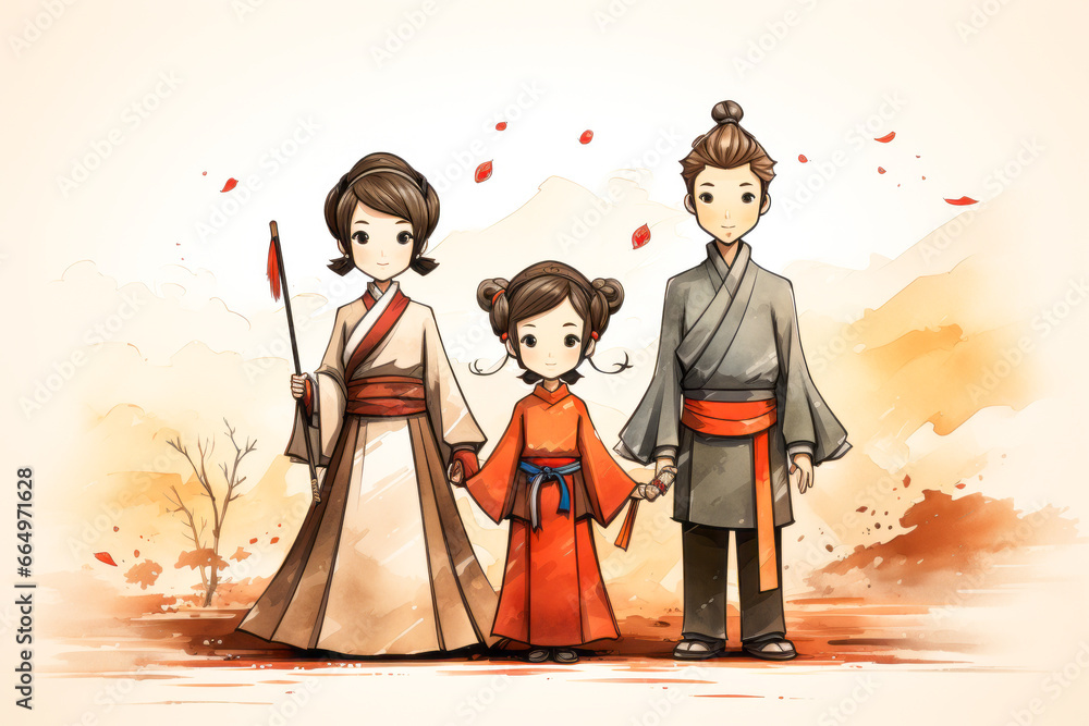 Childish drawing of Chinese family in traditional costume. Stock ...
