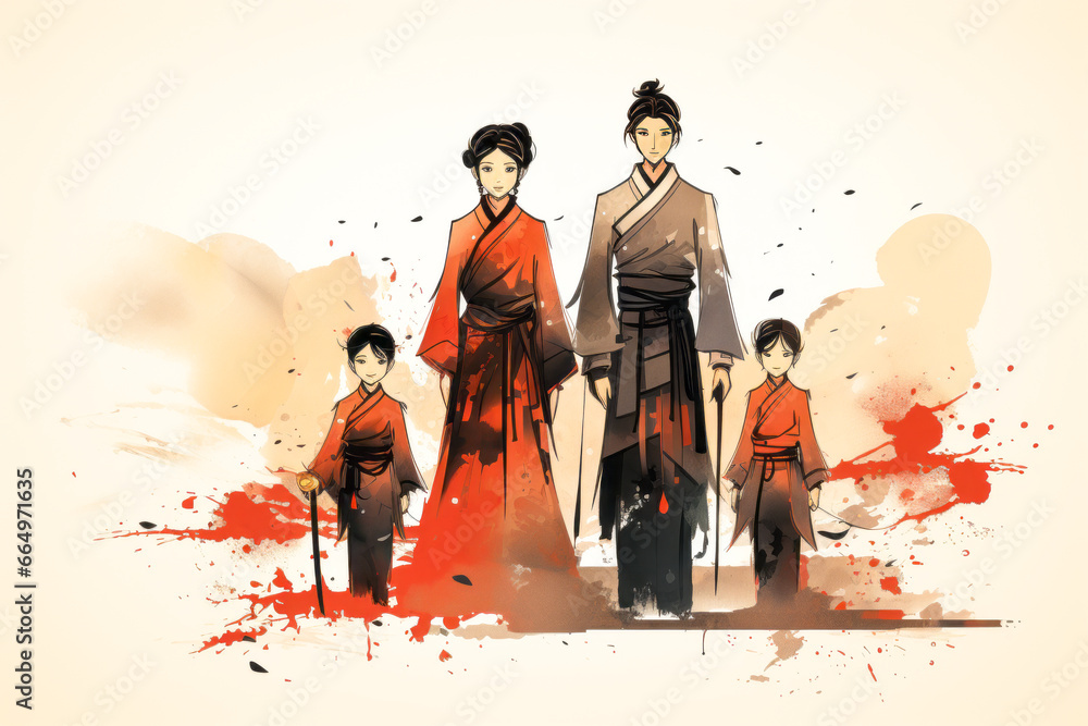 Childish drawing of Chinese family in traditional costume. Stock ...