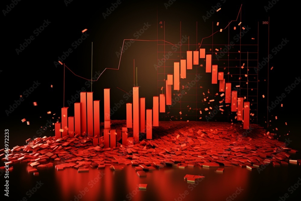Dynamic chart shows stock markets in downtrend on red background ...