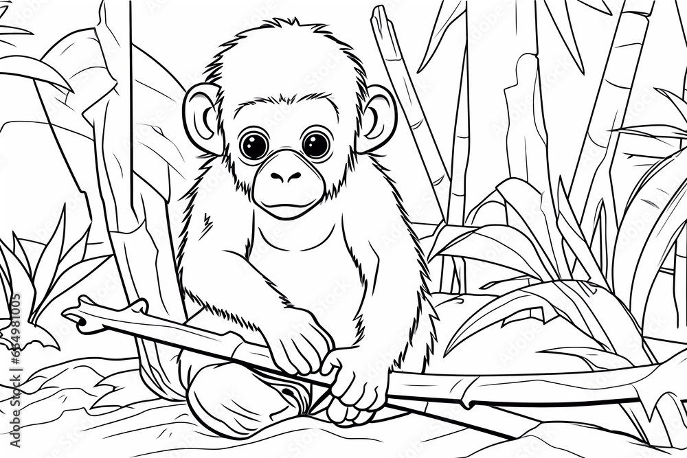 Coloring page of a baby monkey in the jungle. Educational printable ...