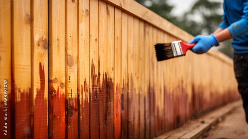 Varnishing process. Hands of a worker that paint with brush a wood wall ...
