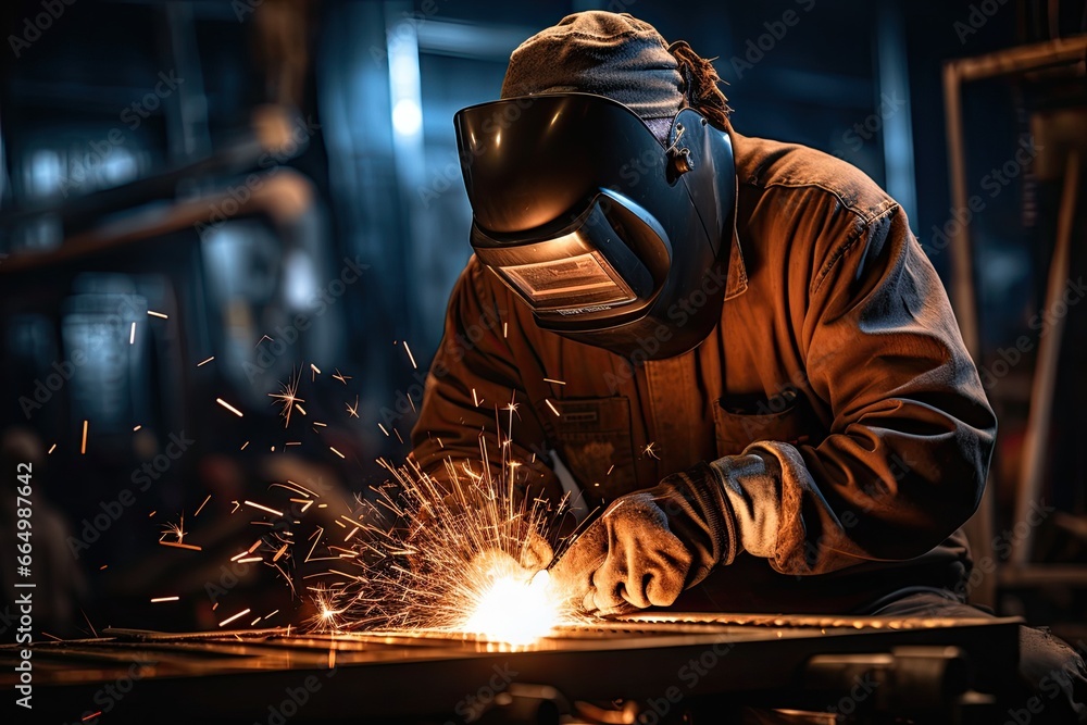 Welder welding sheet metal. Male welder wearing helmet working with ...