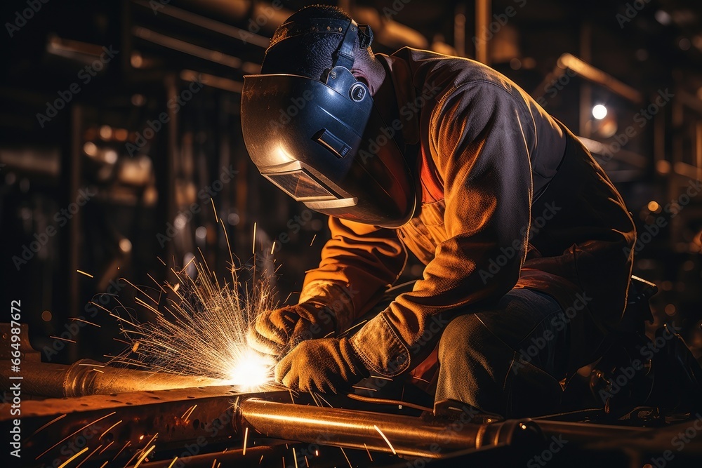 Welder welding sheet metal. Male welder wearing helmet working with ...