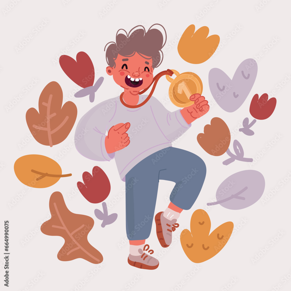 Vector illustration of Cartoon boy winning first place in running race ...