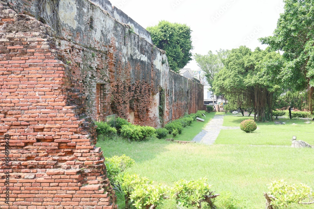 Tainan City, Taiwan, September 15, 2023.The old brick wall of Anping ...
