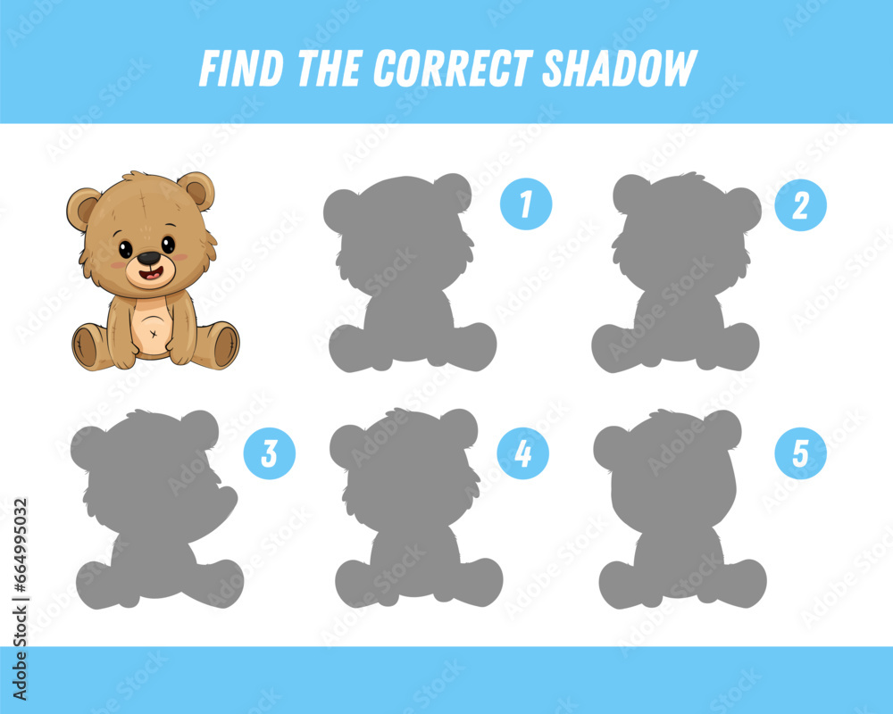 Find correct shadow of cute brown bear. Educational logical game for ...