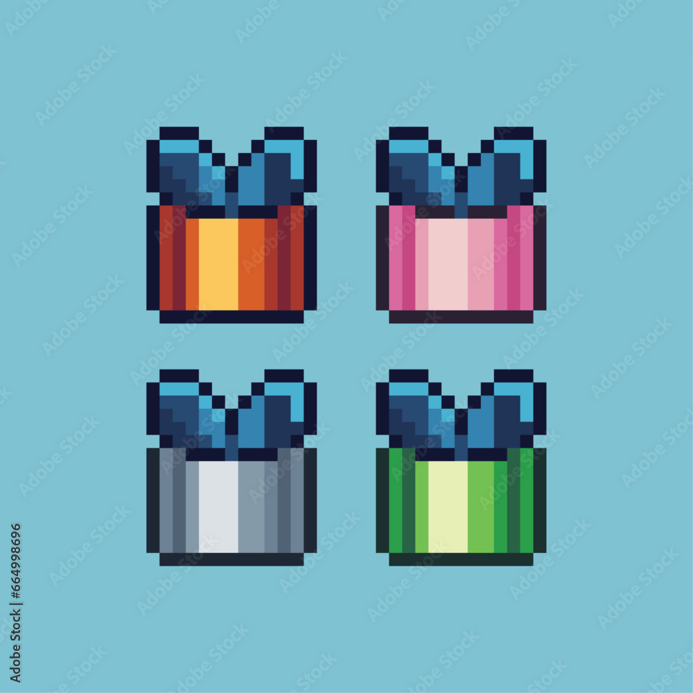 Pixel art sets of gold gift box with variation color item asset. Simple bits of golden gift box ...