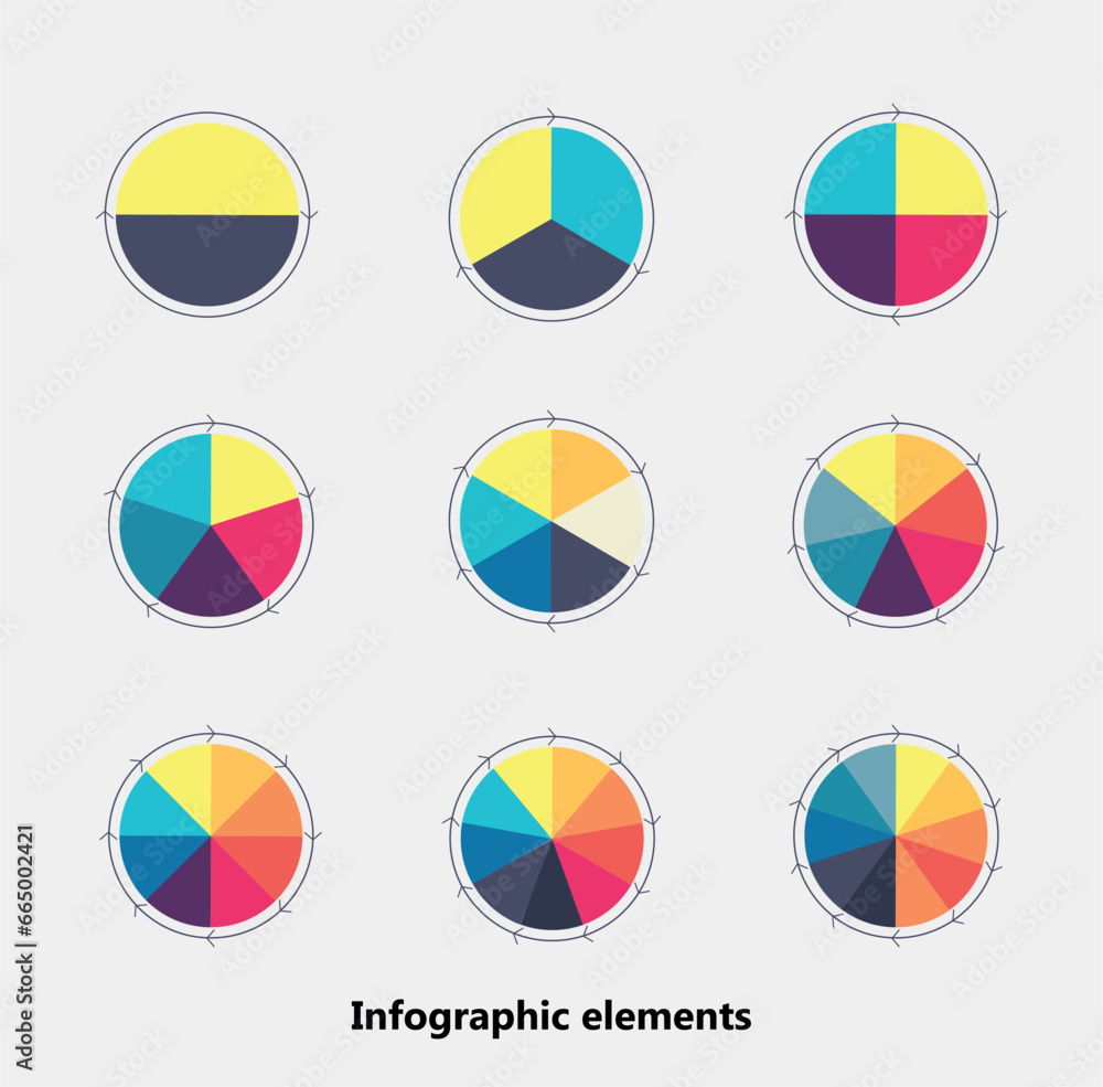 Vetor de Infographic elements. Pie charts with thin line arrows. Set of ...