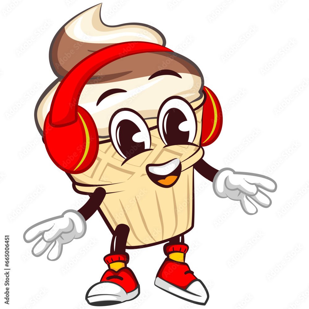 Ice cream character mascot with funny face wearing headset, isolated ...