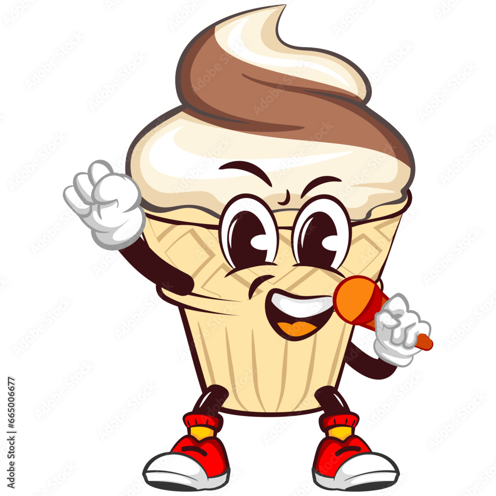 Ice cream character mascot with funny face using mic in talking while ...