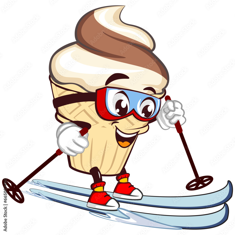 Ice cream character mascot with funny face having fun surfing with skis ...