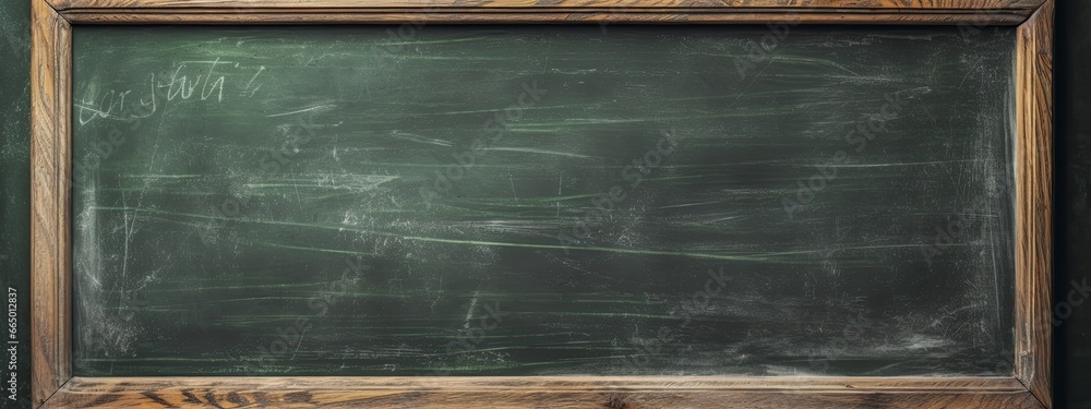 Empty green chalkboard background with wooden frame. Dirty erased chalk ...