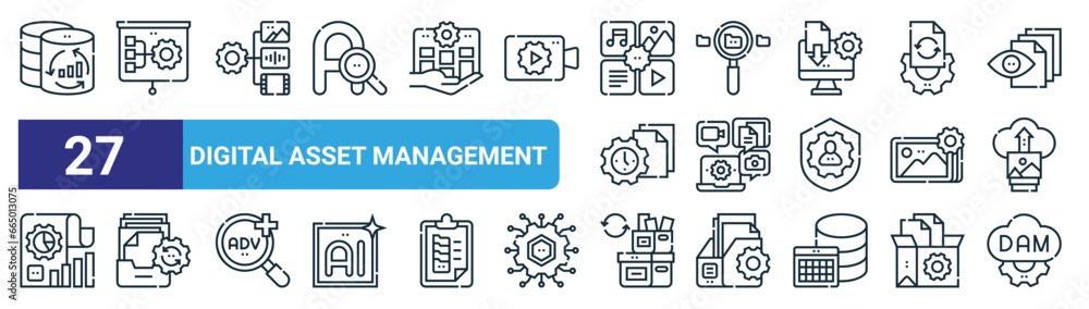Set Of 27 Outline Web Digital Asset Management Icons Such As Analyzing Presentations Digital