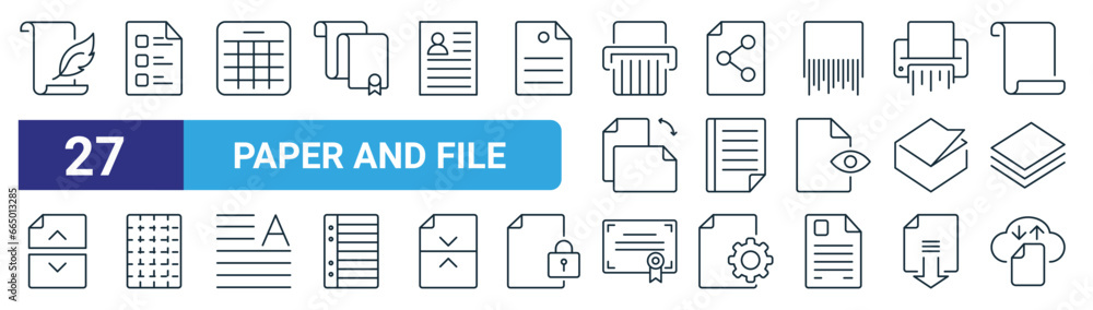 set of 27 outline web paper and file icons such as writing, report ...