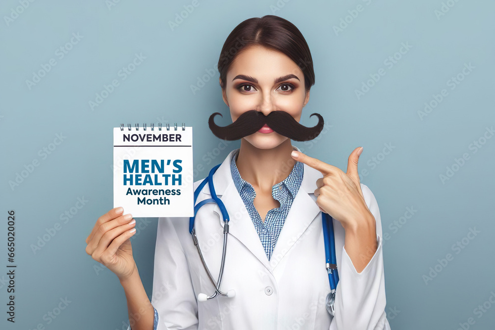A young female doctor with a fake mustache and a stethoscope smiling ...