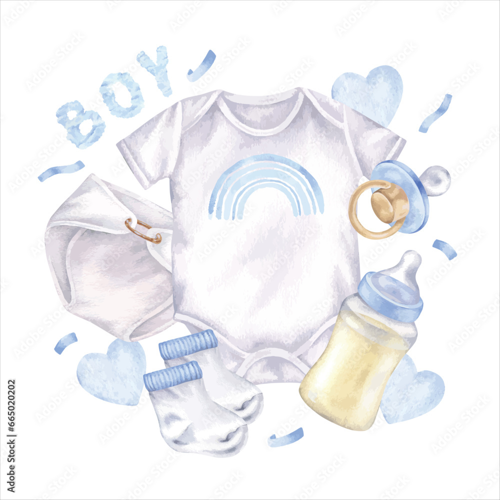 Baby boy things set vector illustration. Hand drawn clip art on ...